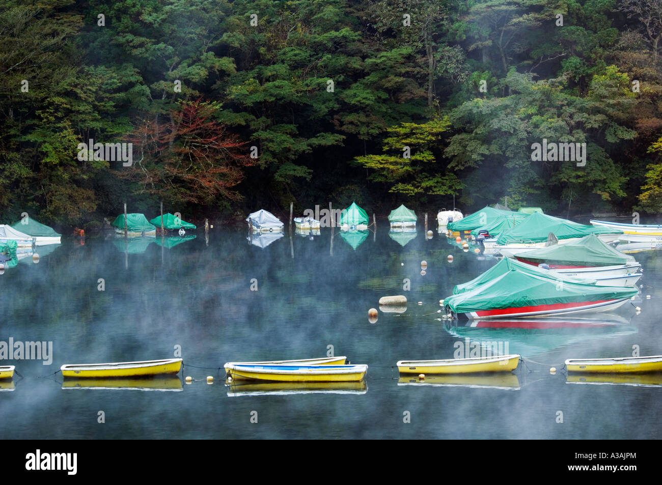 small boats in the mist lake Ashi Ashiko Hakone Kanagawa prefecture ...
