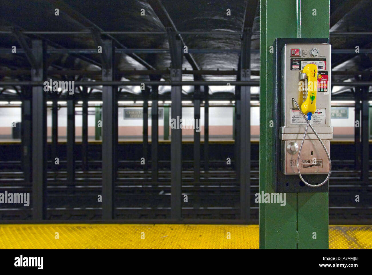 Telephone on empty platform Christopher Street Subway Station New York ...