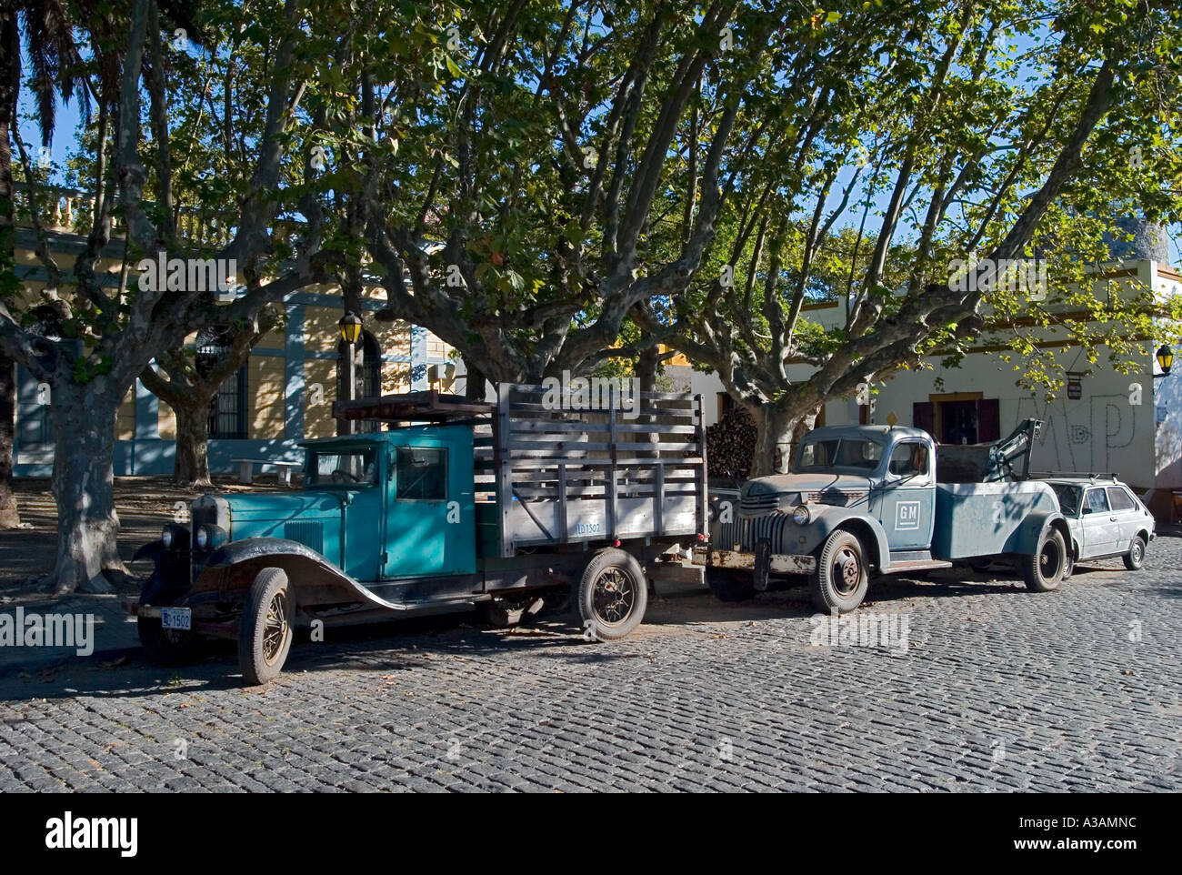 Two Old Cars under tree canopy Colonia del Sacramento Uruguay Stock ...