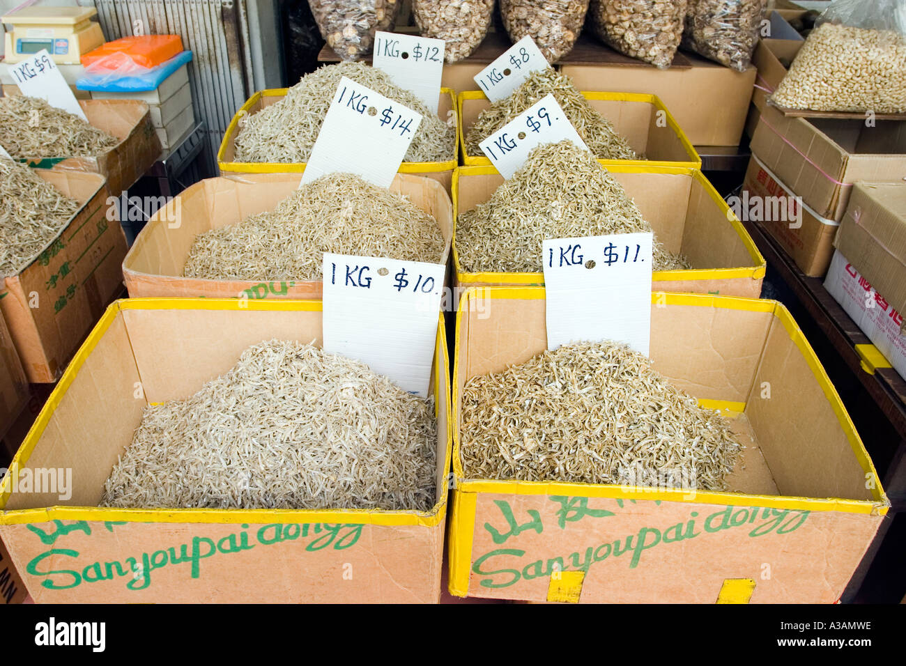 Boxed dried Fish for sale at street food stall Singapore Stock Photo ...