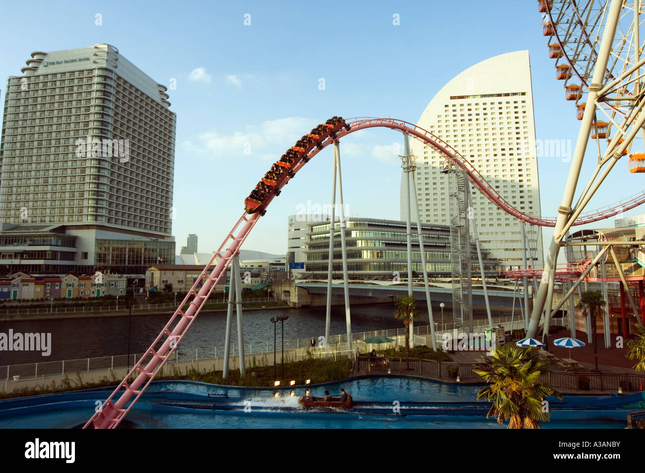 rollercoaster and fun fair amusement park Minato Mirai Yokohama Japan ...