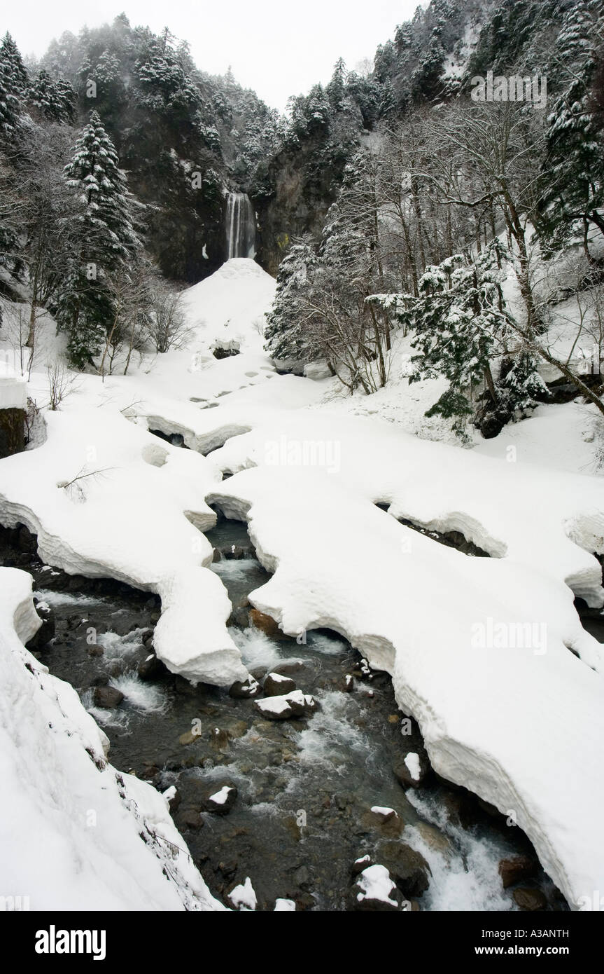 Hirayu onsen waterfall with snow in winter Gifu prefecture Honshu Japan ...