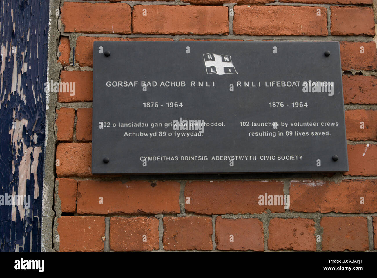 RNLI Sign on the old lifeboat station, Aberystwyth, Wales Stock Photo ...