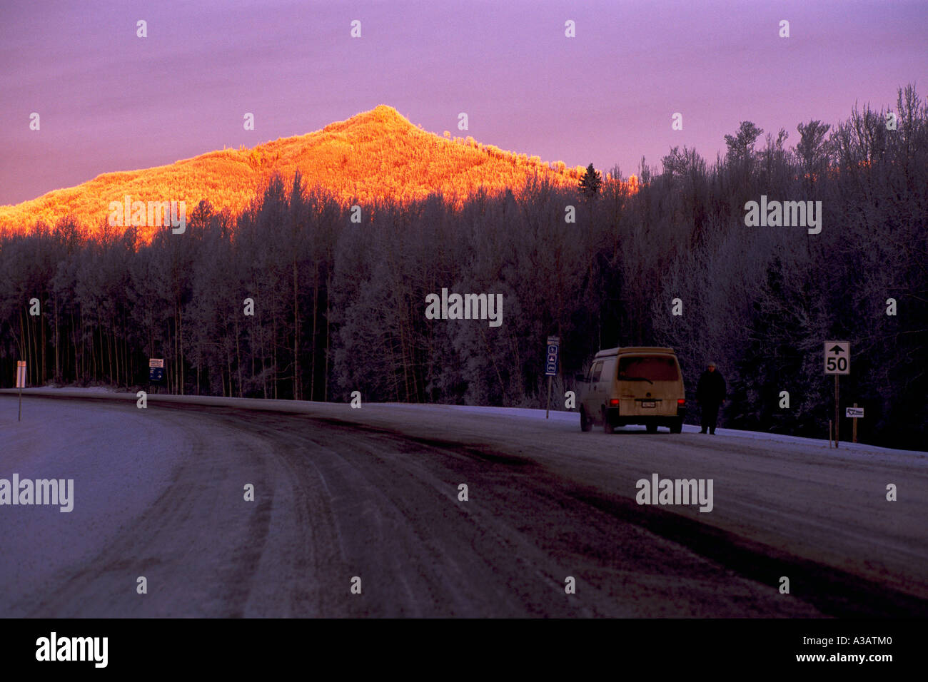 Alaska Highway at Sunrise in Winter, near Liard River Hot Springs ...