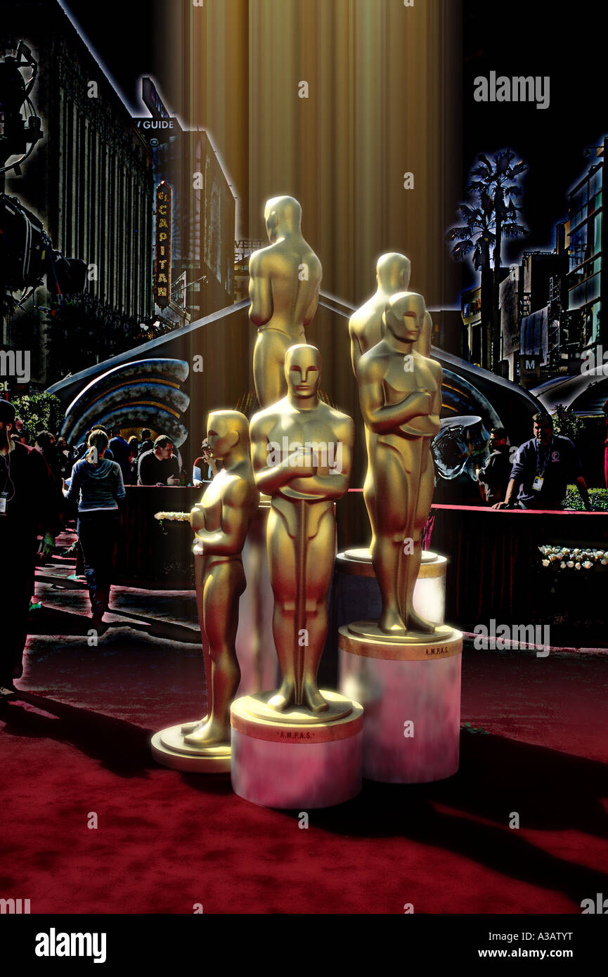 Group of five Oscar statues standing on pedestals of various heights ...