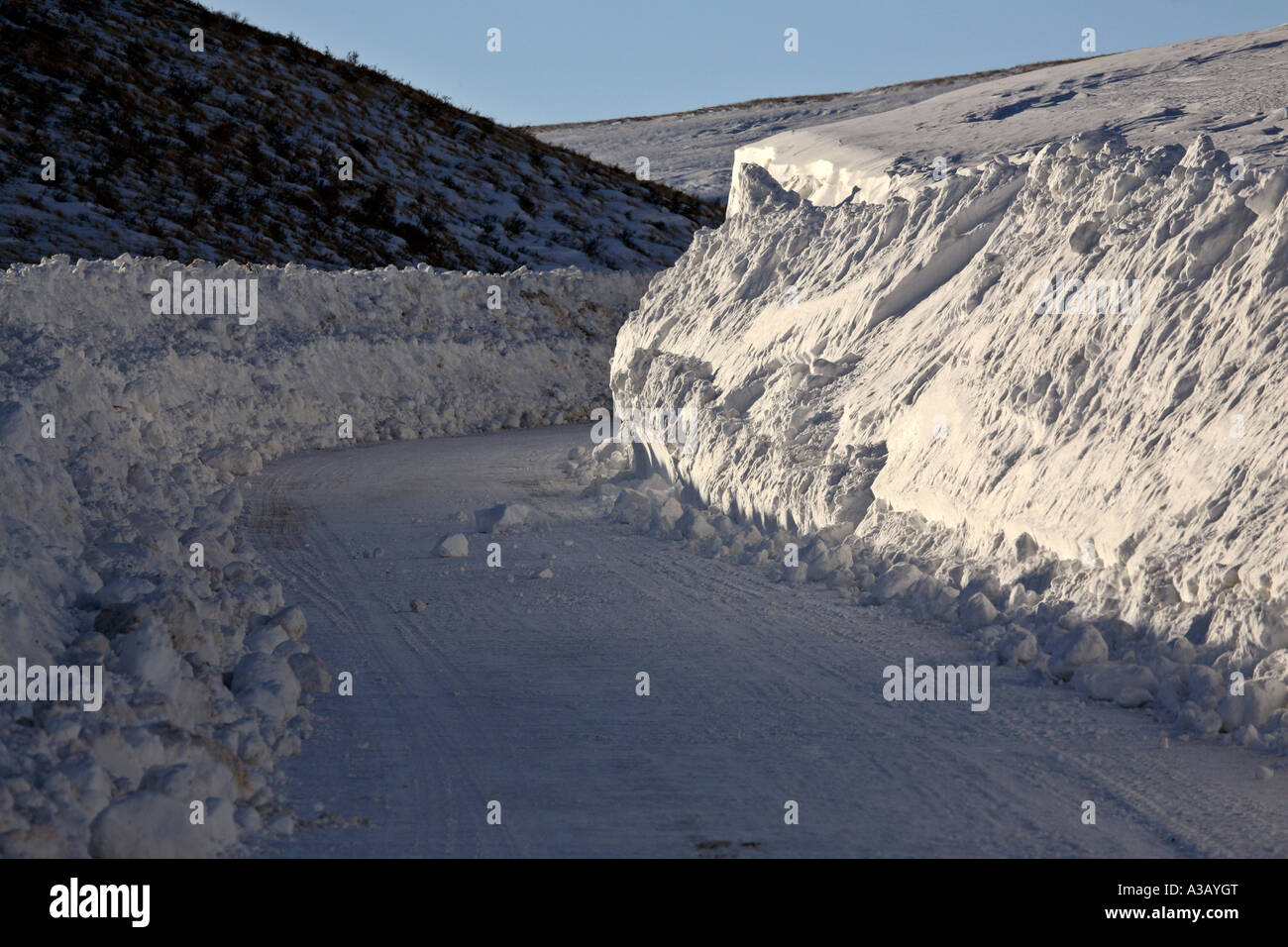 narrow road with plowed snow banks Stock Photo - Alamy