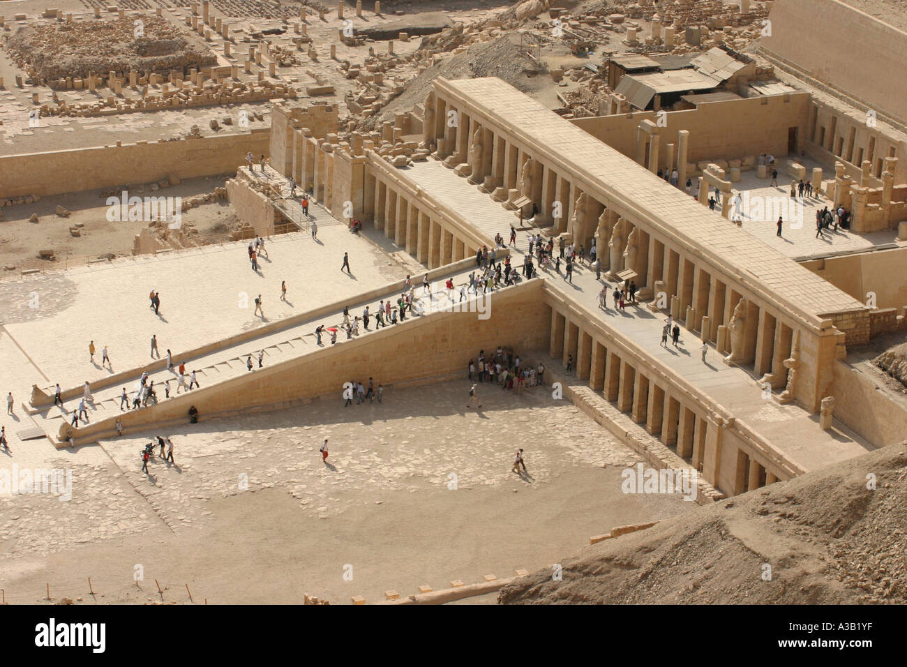 Aerial view of Queen Hatshepsut Temple, West bank of Nile, Luxor, Egypt ...