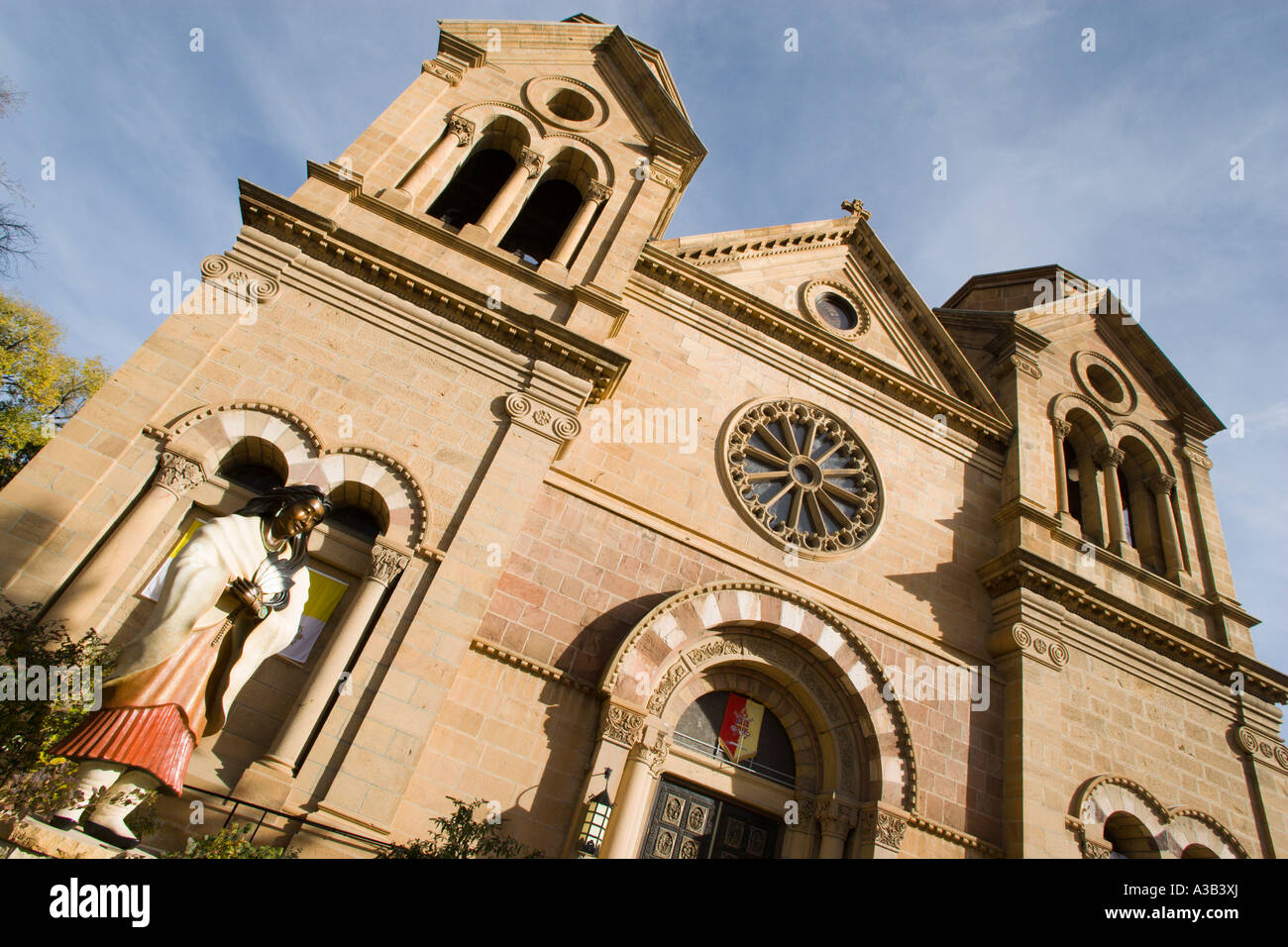 USA New Mexico Santa Fe Cathedral Of St Francis Church front and statue ...