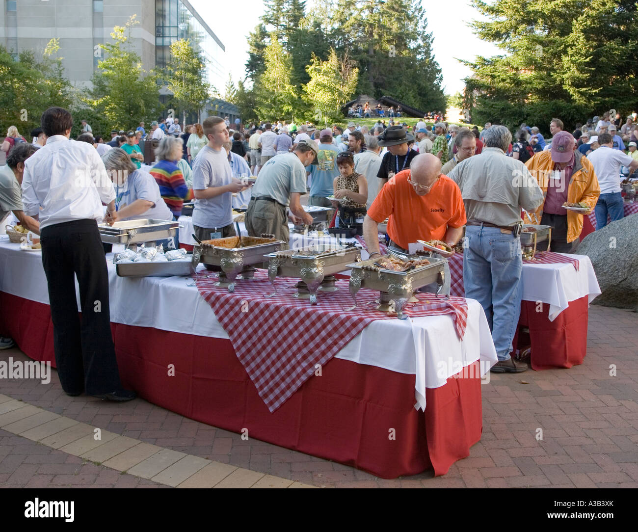 People outdoors at self service tables at a convention USA Stock Photo ...