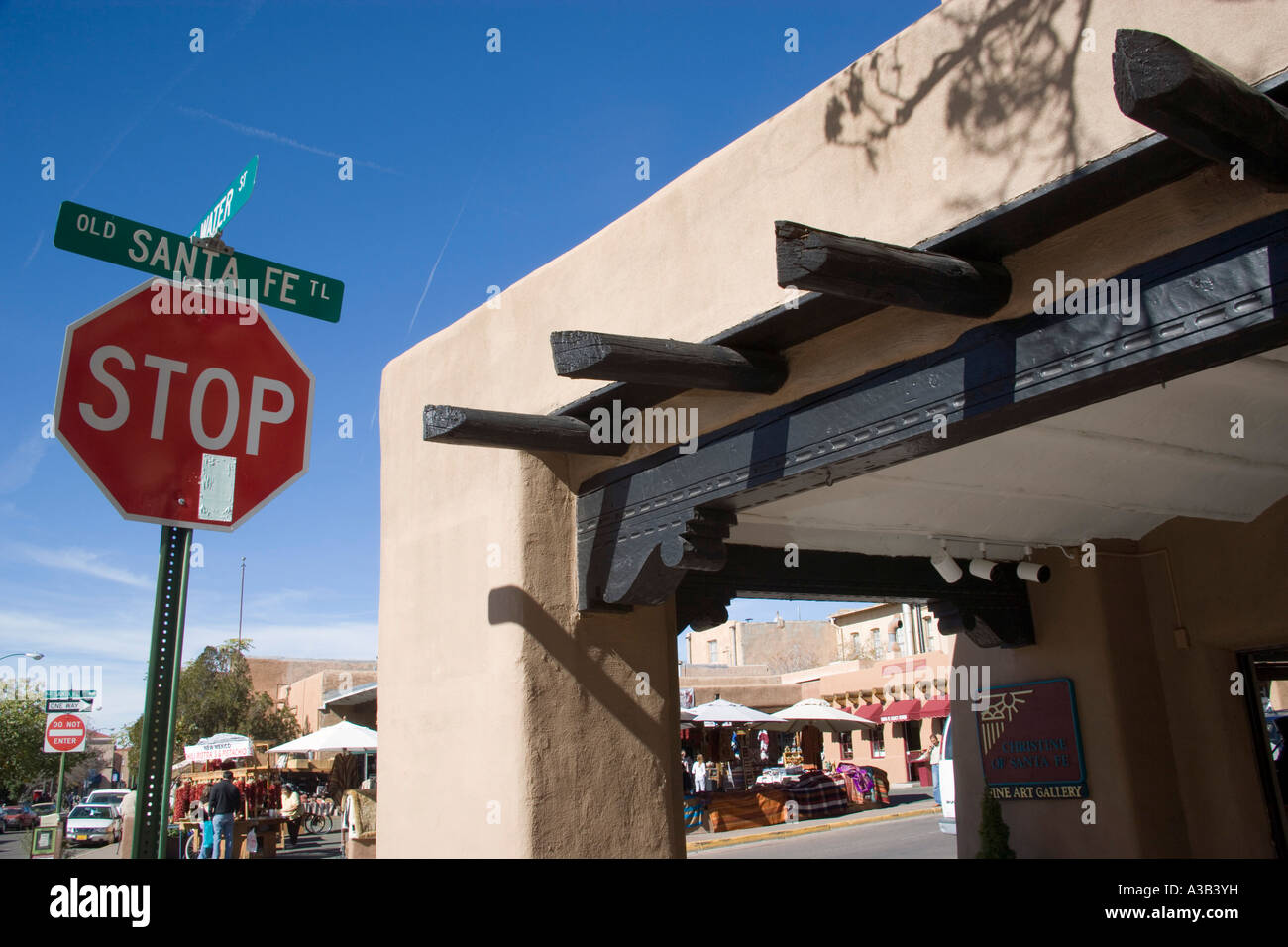 USA New Mexico Santa Fe Stop sign on the Old Santa Fe Trail beside ...