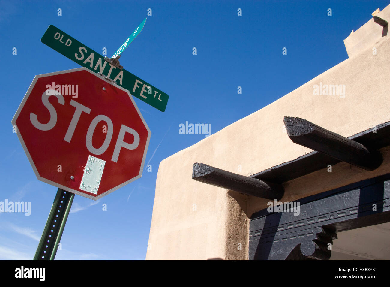 USA New Mexico Santa Fe Stop sign on the Old Santa Fe Trail beside an ...
