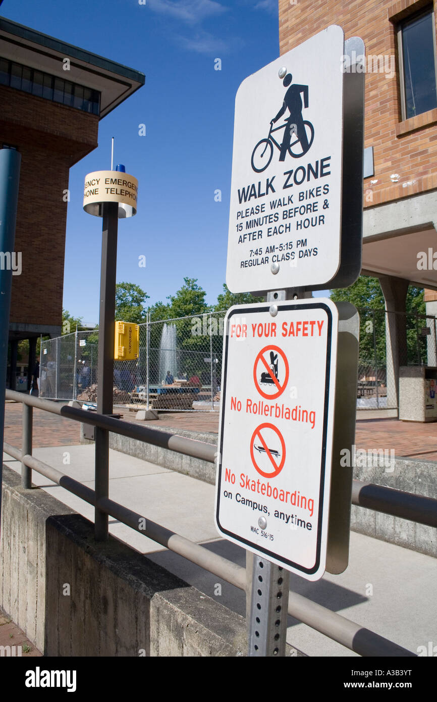 Walk zone no cycling rollerblading skateboarding sign on university ...
