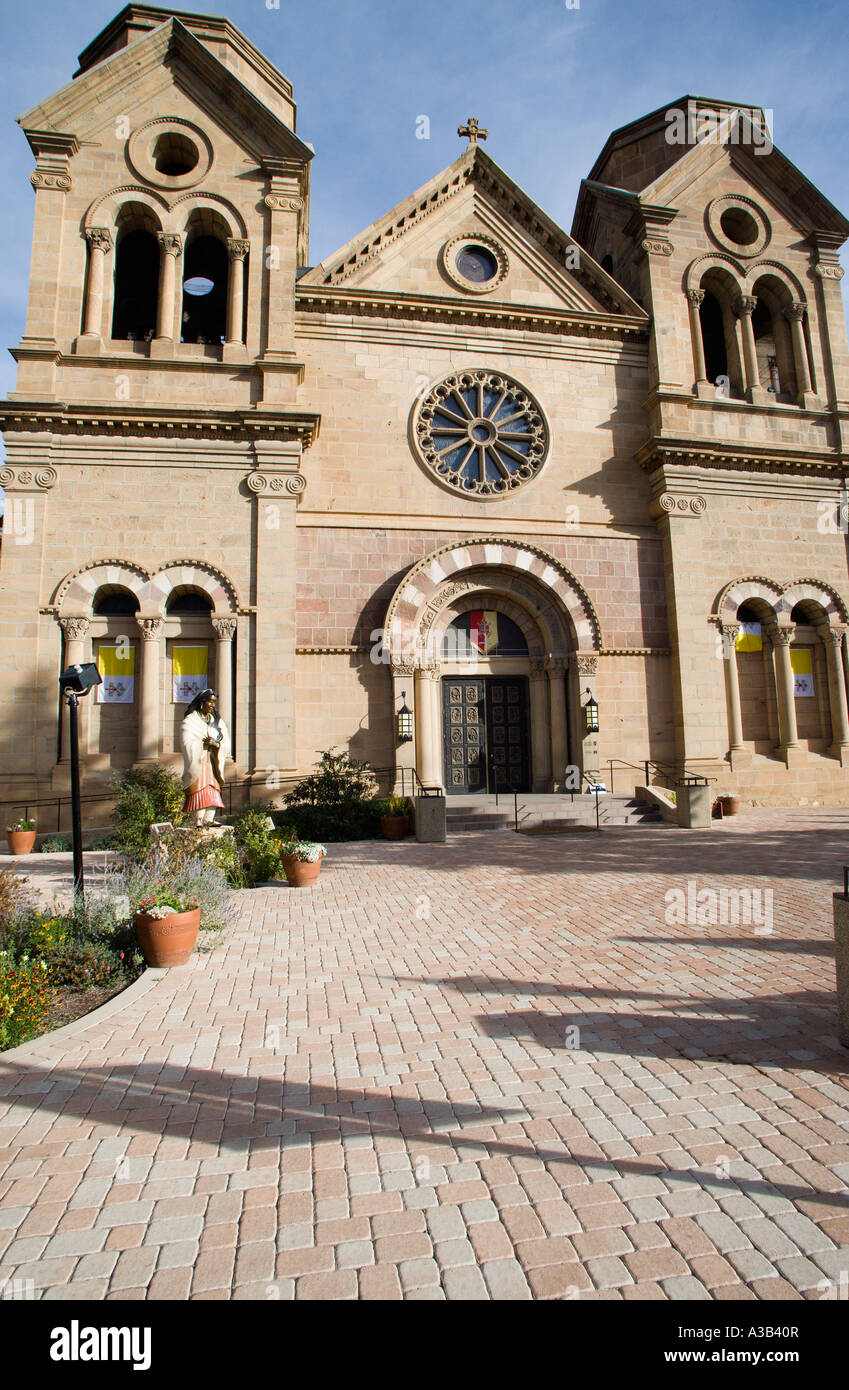 USA New Mexico Santa Fe Cathedral Of St Francis Church front and statue ...