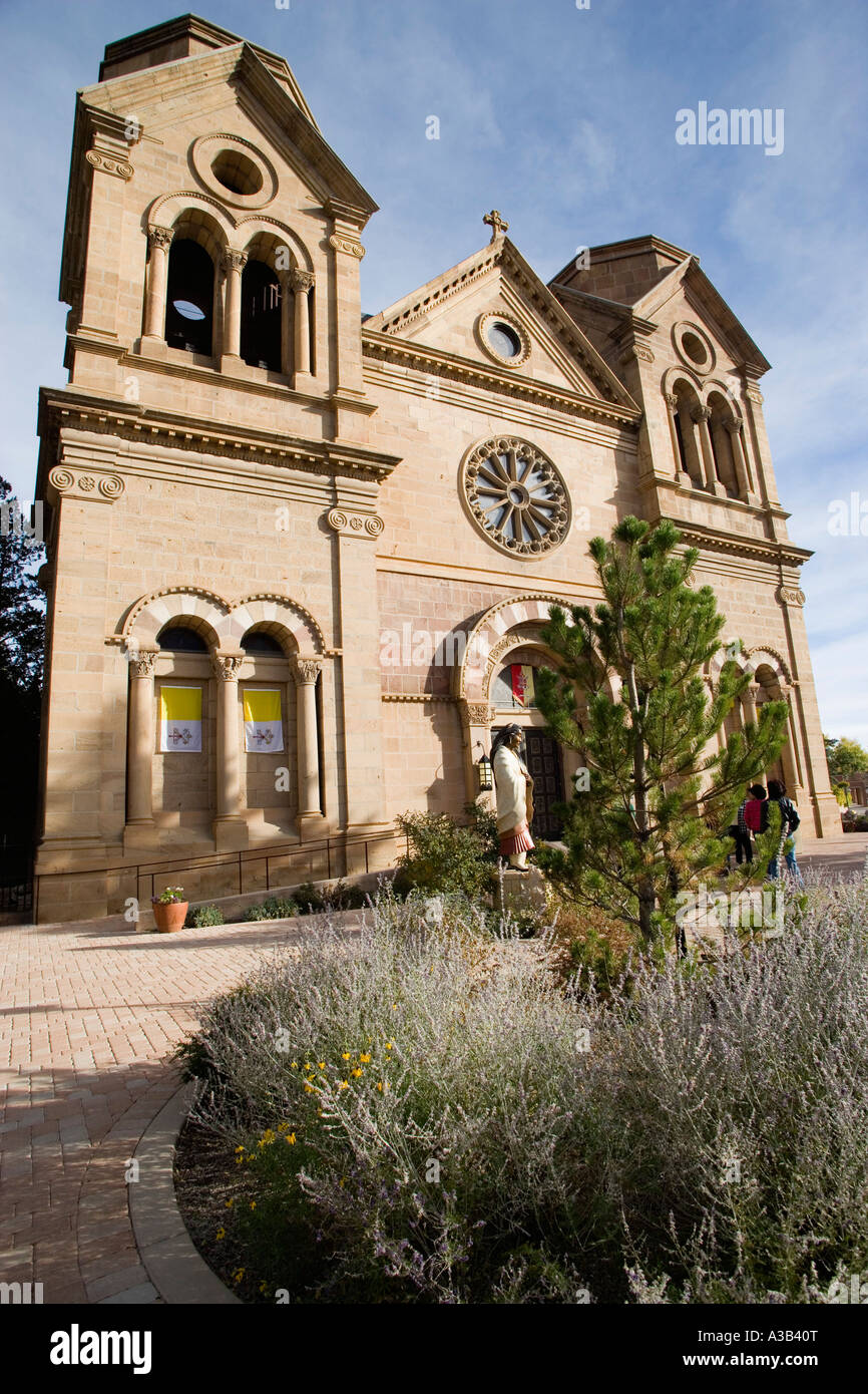 USA New Mexico Santa Fe Cathedral Of St Francis Church front and statue ...
