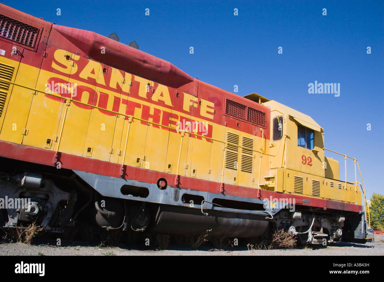 USA New Mexico Santa Fe Southern old railway engine train in stockyard ...