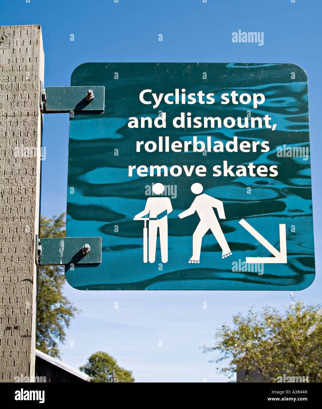 Cyclists stop and dismount rollerbladers remove skates sign on shared ...