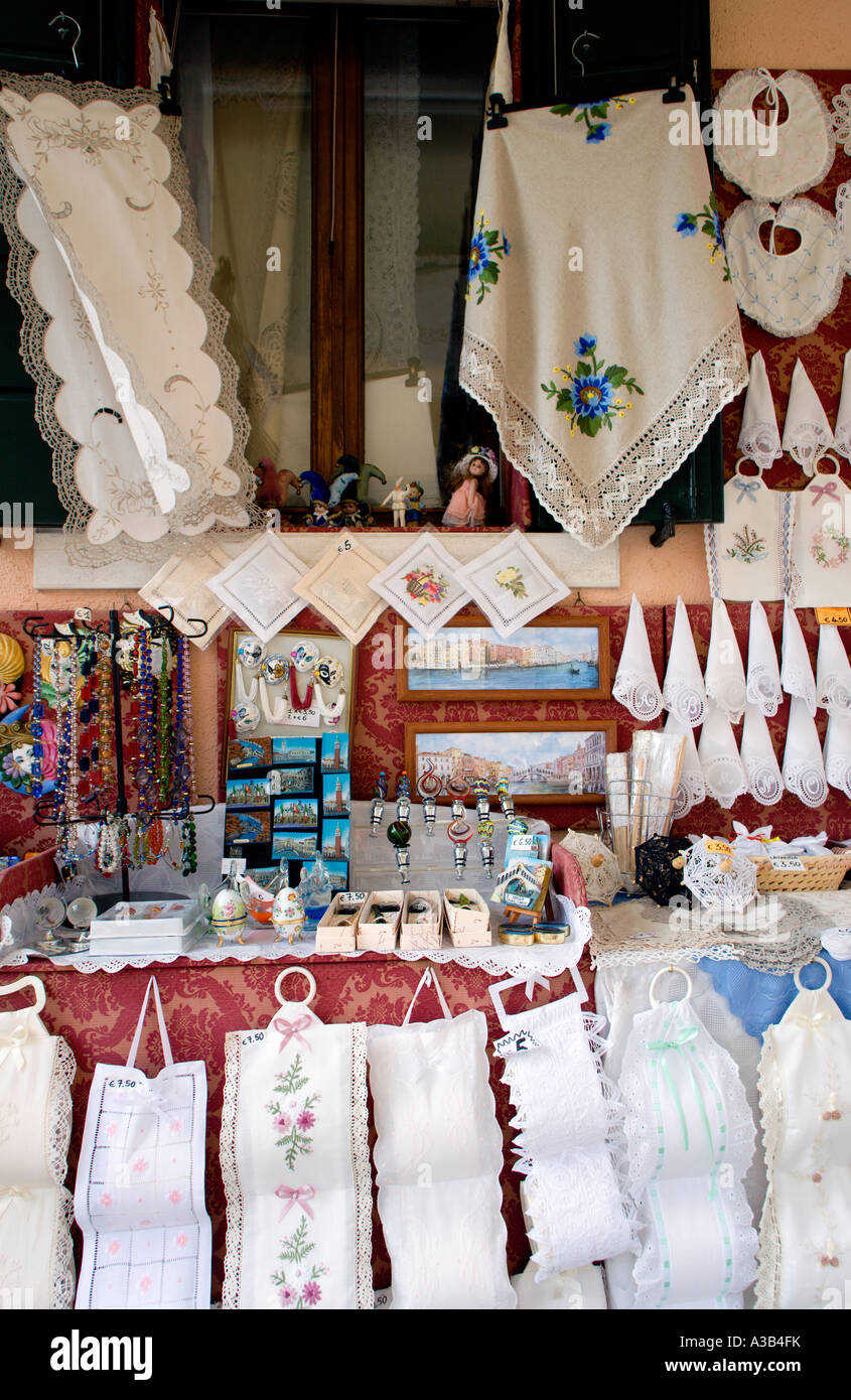 ITALY Veneto Venice Lagoon Burano Island A lace shop display on the ...