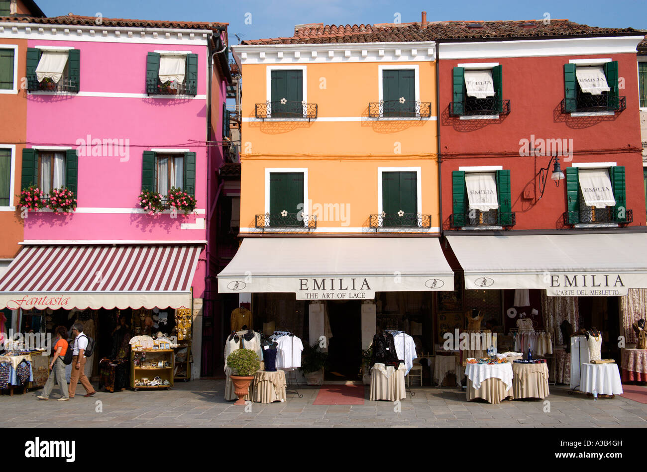 ITALY Veneto Venice Colourful houses above lace shops on lace making ...