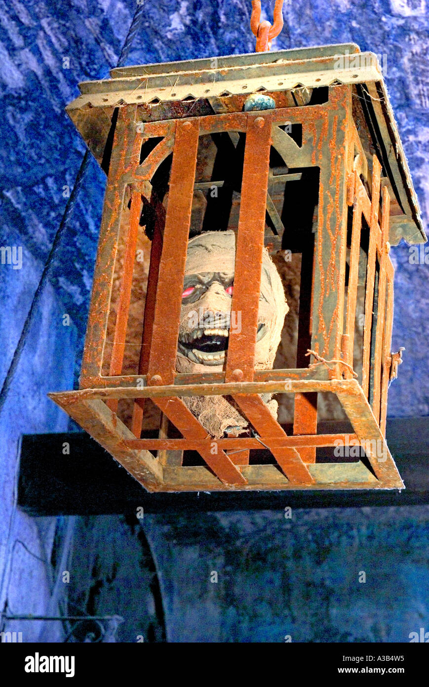 Head in a cage hanging from the ceiling of a torture chamber in the ...