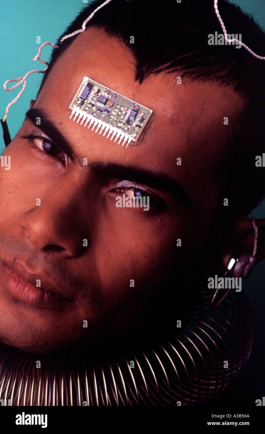 Portrait of a man with a computer chip in his forehead Stock Photo - Alamy
