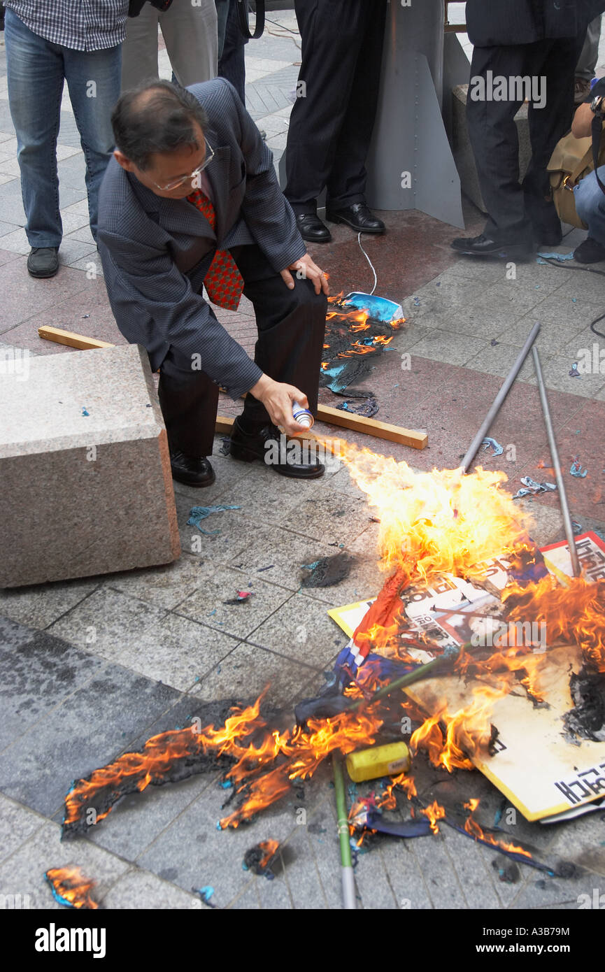 Man Using Aerosol To Burn North Korean Flag Stock Photo - Alamy
