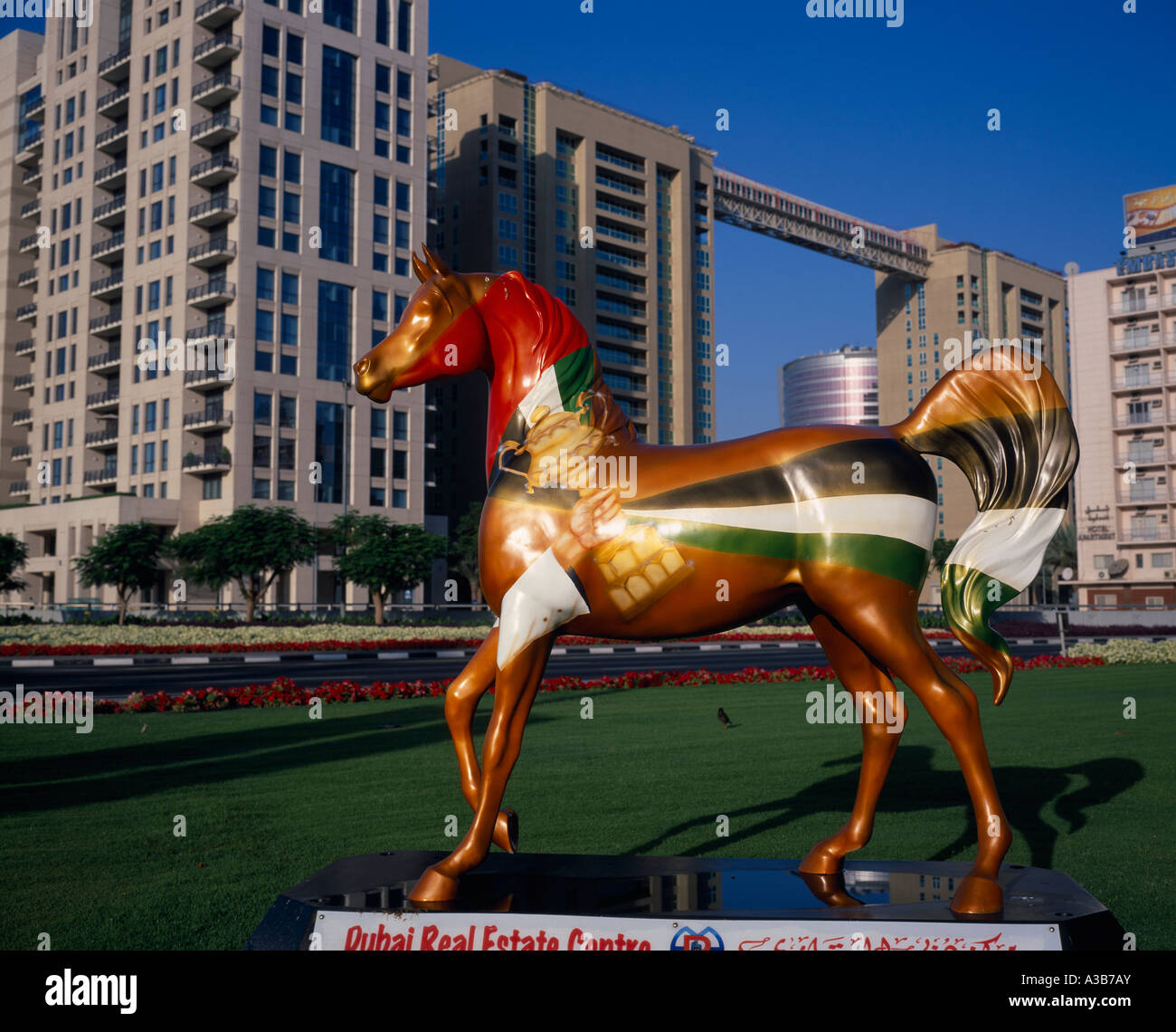 UAE Middle East Gulf State Dubai Brightly painted statue of horse with ...