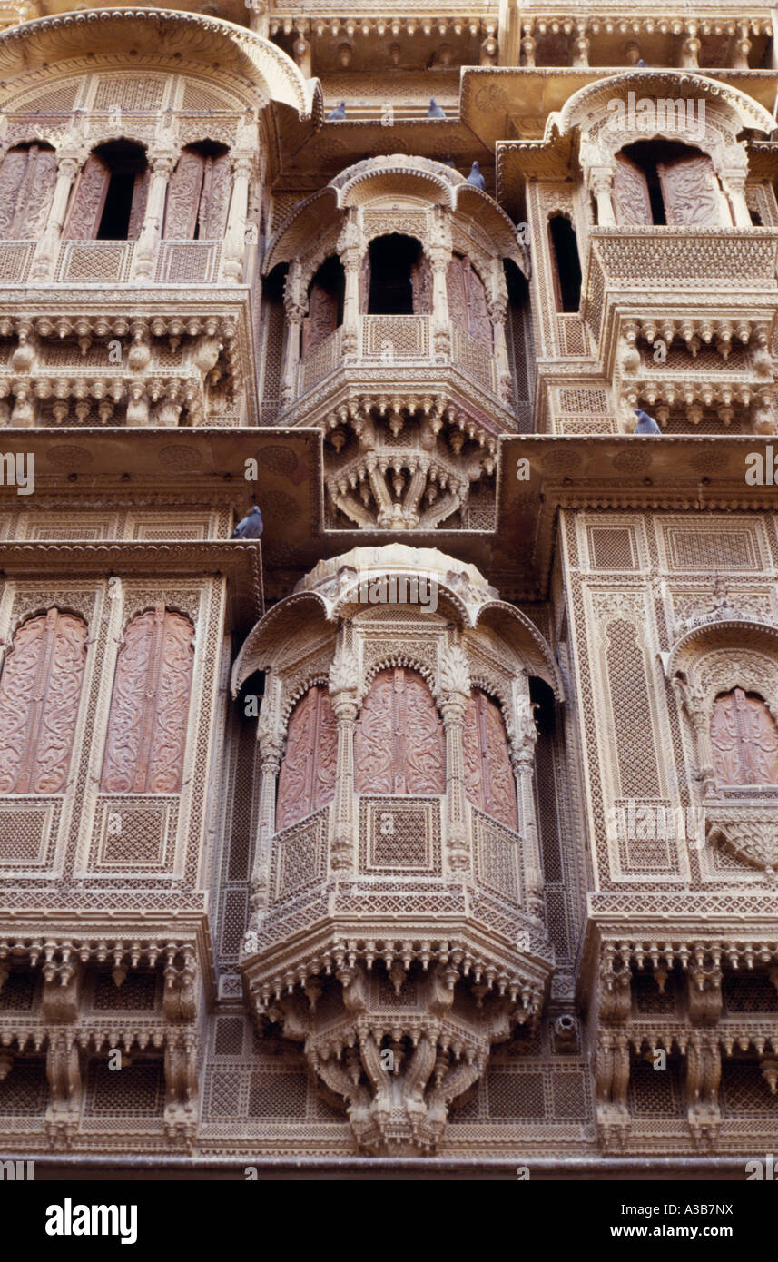 INDIA South Asia Rajasthan Jaisalmer Ornate carved sandstone windows of ...
