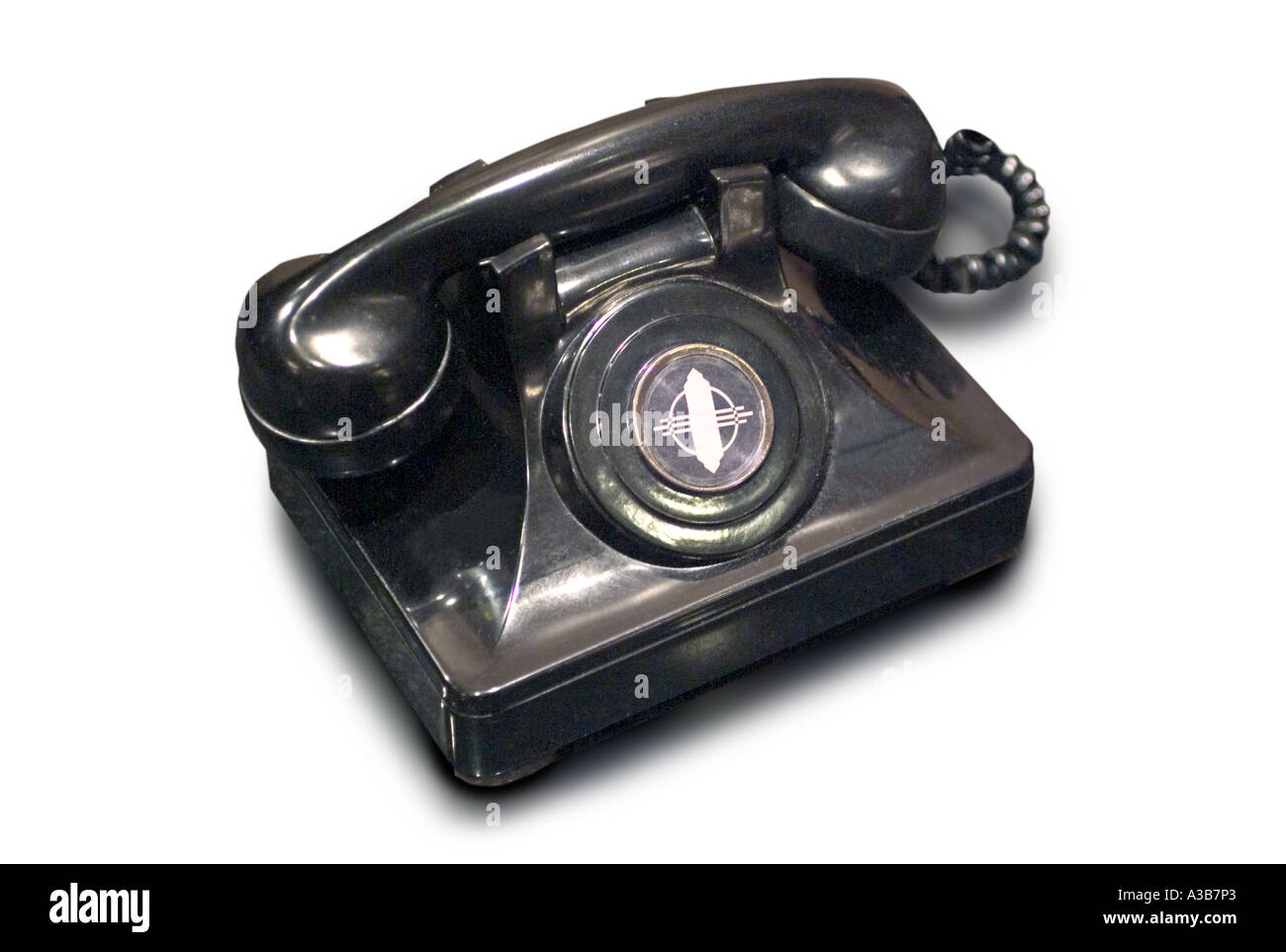 Black old fashioned antique retro desk telephone on white background ...