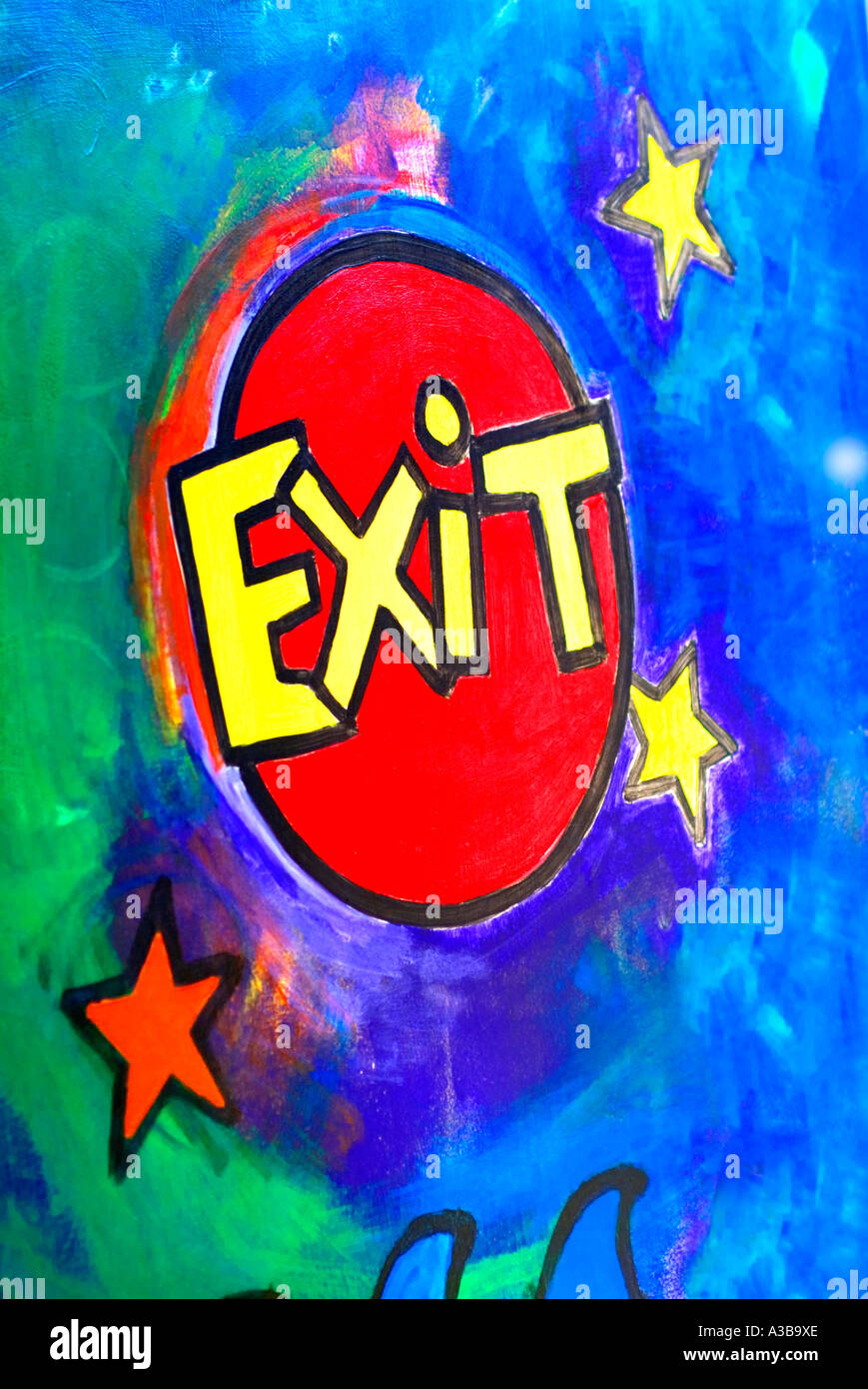 Colorful bright and handpainted exit sign Stock Photo - Alamy
