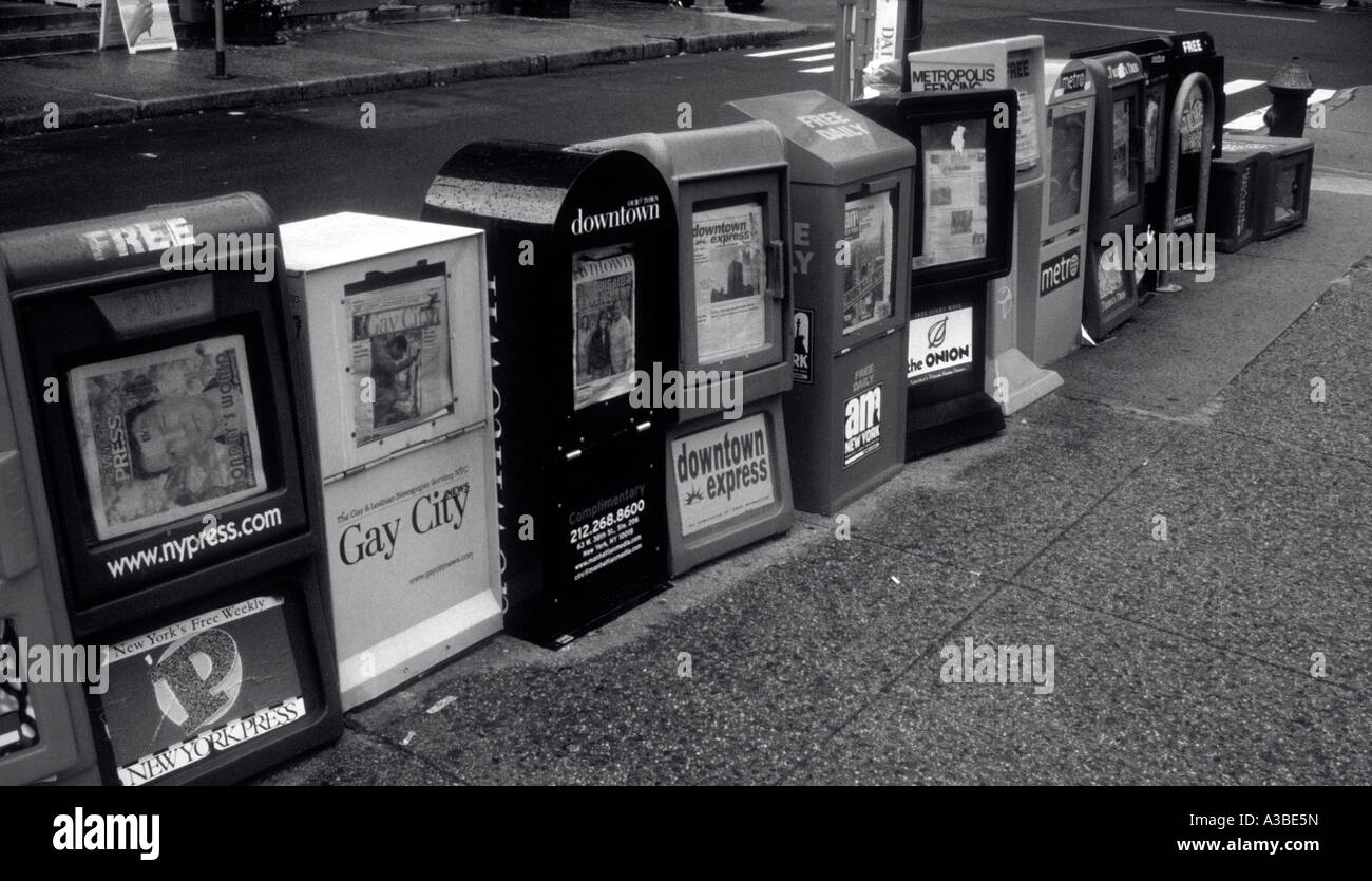 Street boxes for various community newspapers in the NYC neighborhood ...