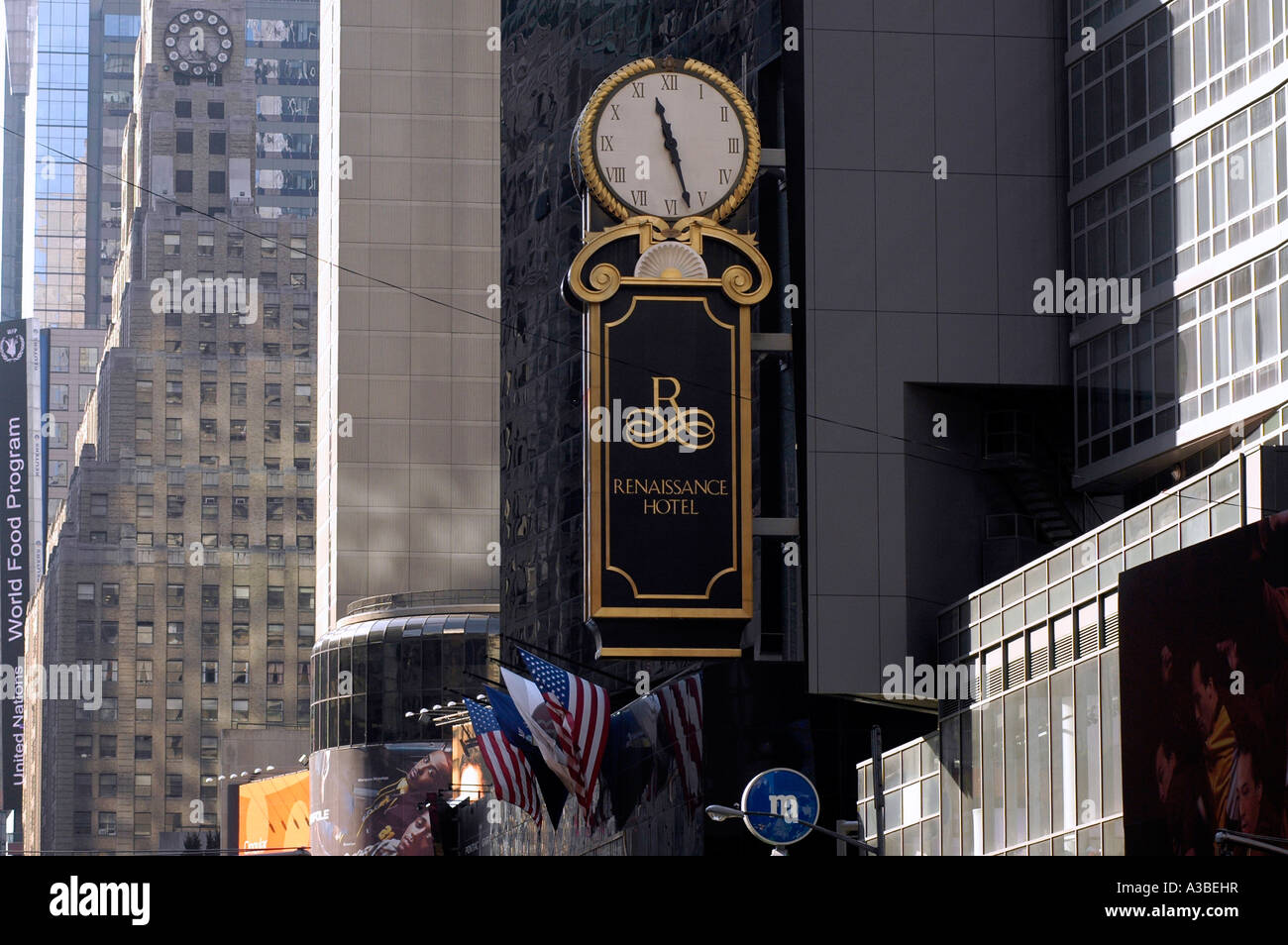The clock on the face of the Renaissance Hotel in Times Square in New ...