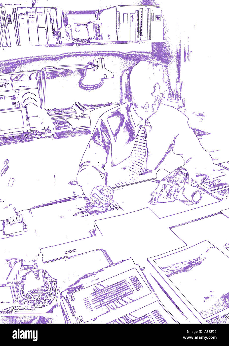 Line art Architect drawing blueprints Stock Photo - Alamy