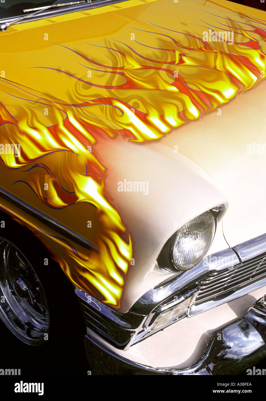 Classic Ford with flaming hood Stock Photo - Alamy