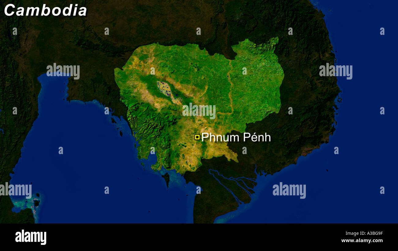 Satellite Image Of Cambodia With Phnum Penh Highlighted Stock Photo - Alamy
