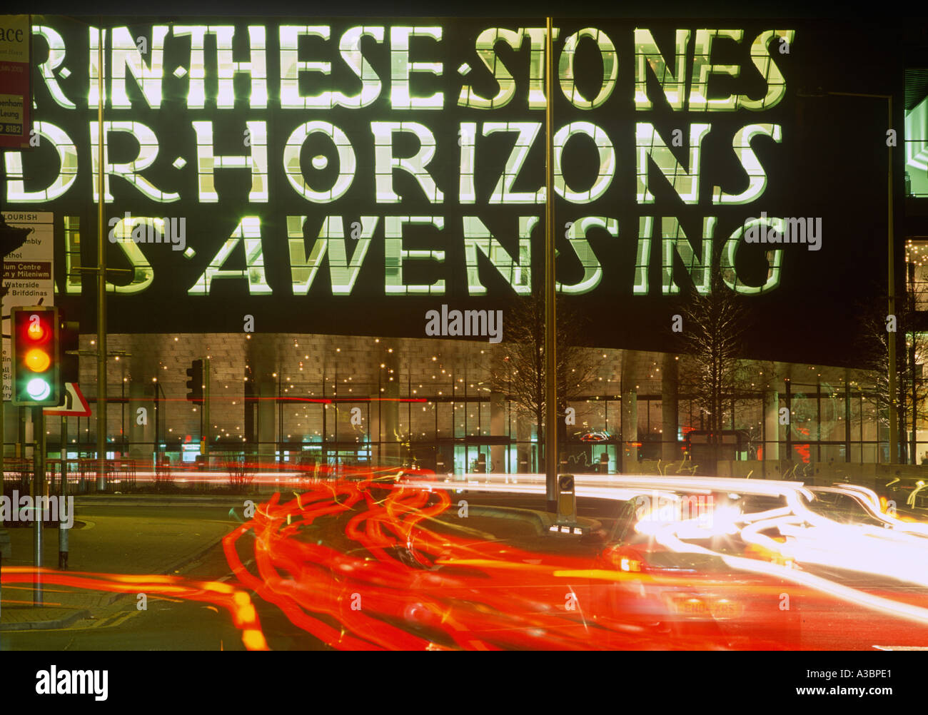 Car Light Trails at Night Wales Millennium Centre Cardiff Bay South ...