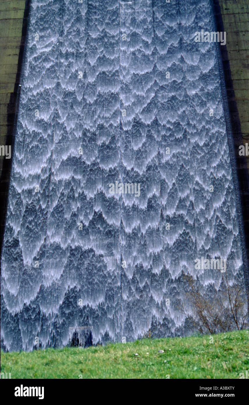 Water pouring down a dam spillway; Boothwood Reservoir, Rippondon, West ...