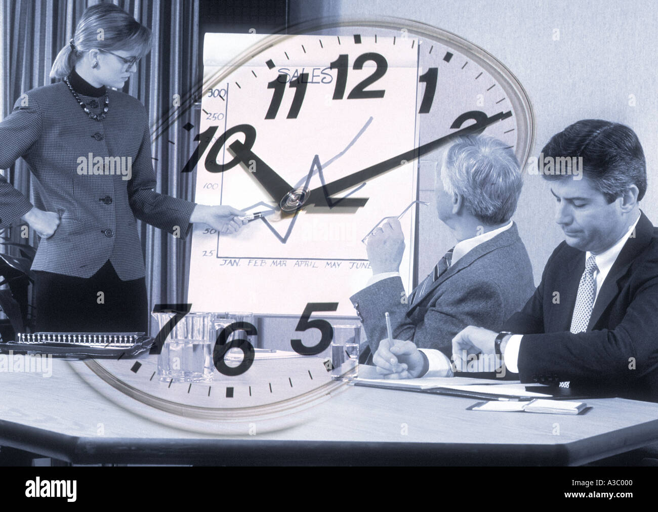 Business Late meeting at the office with time management and clock ...