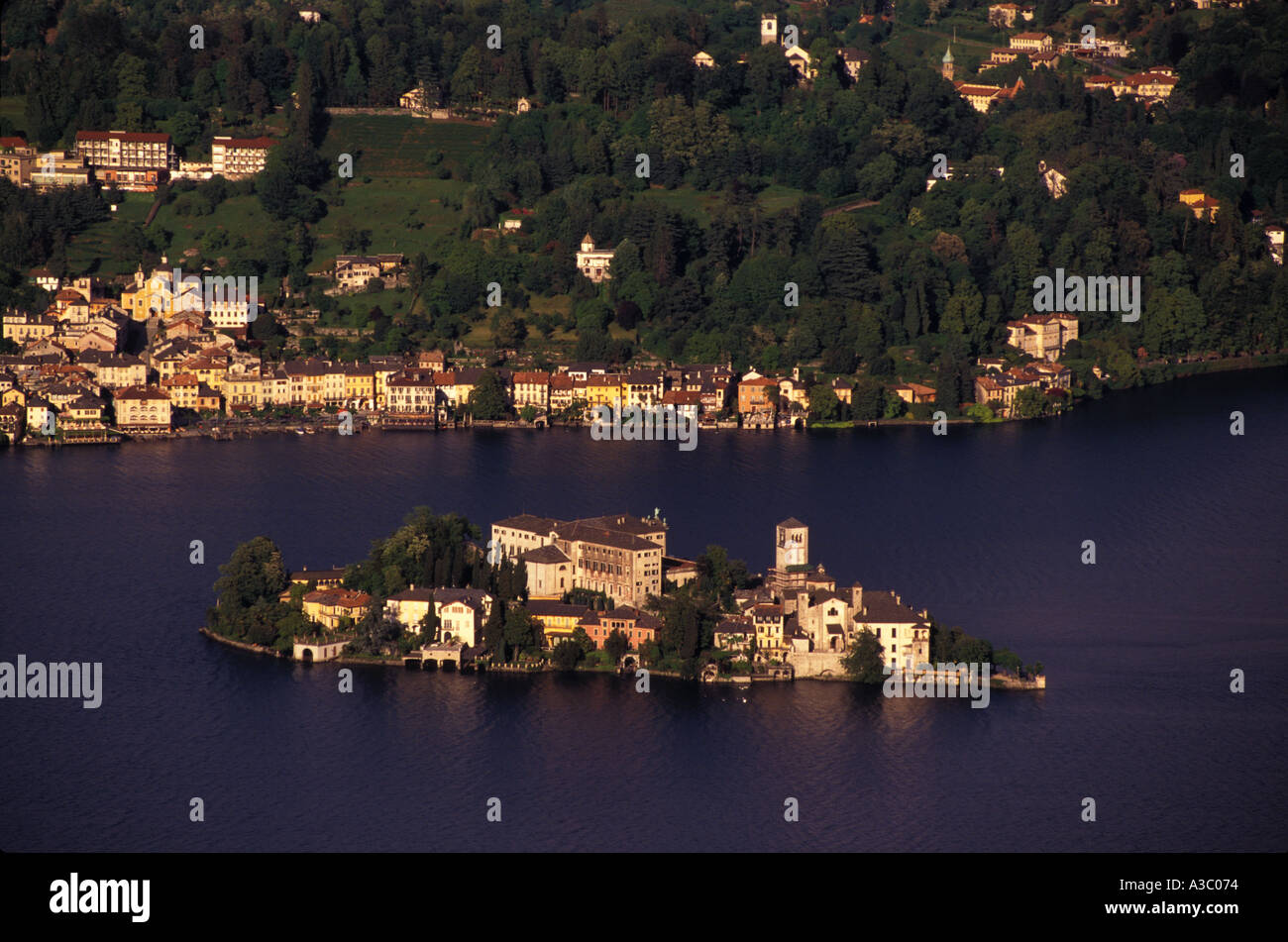 Italy Piedmont Isola San Giulio on Lake Orta town of Orta San Giulio ...