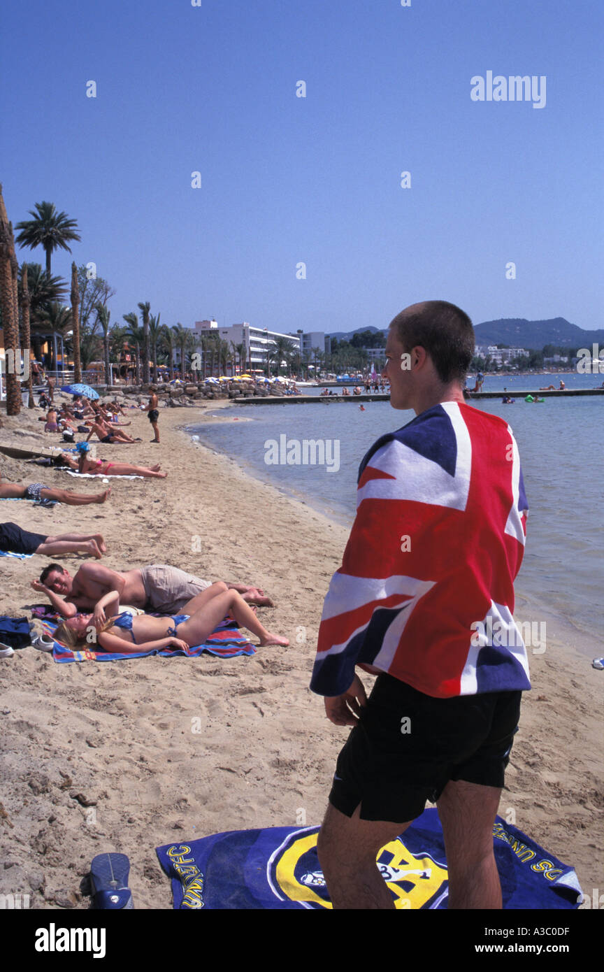 British holidaymaker on the beach at San Antonio, Ibiza, Spain Stock ...