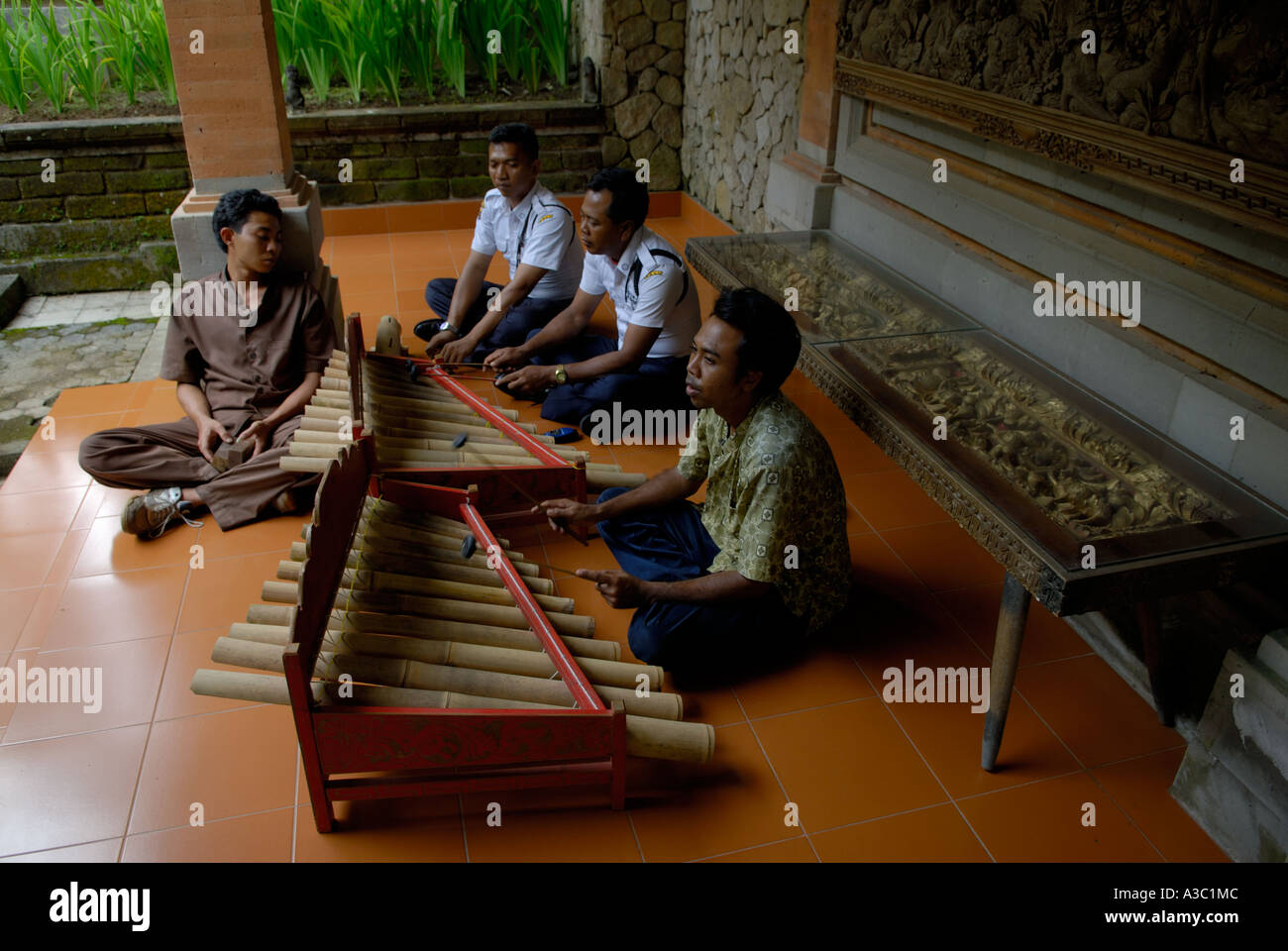 Neka Art museum, Ubud, Island of Bali Indonesia. Musicians playing ...