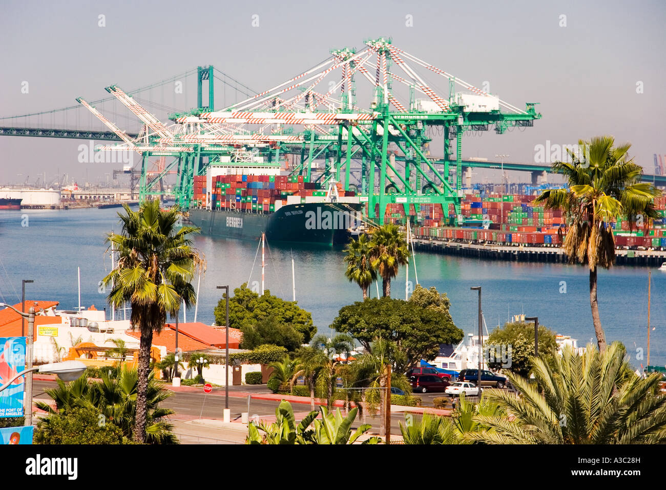 Container ship being loaded in the Port of Los Angeles California USA ...