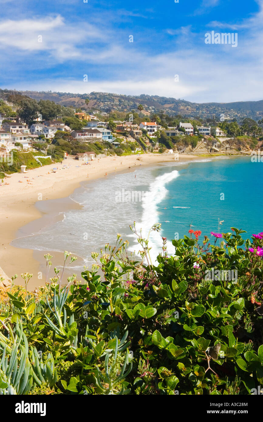 Sun drenched Crescent Bay and the town of Laguna Beach California USA ...