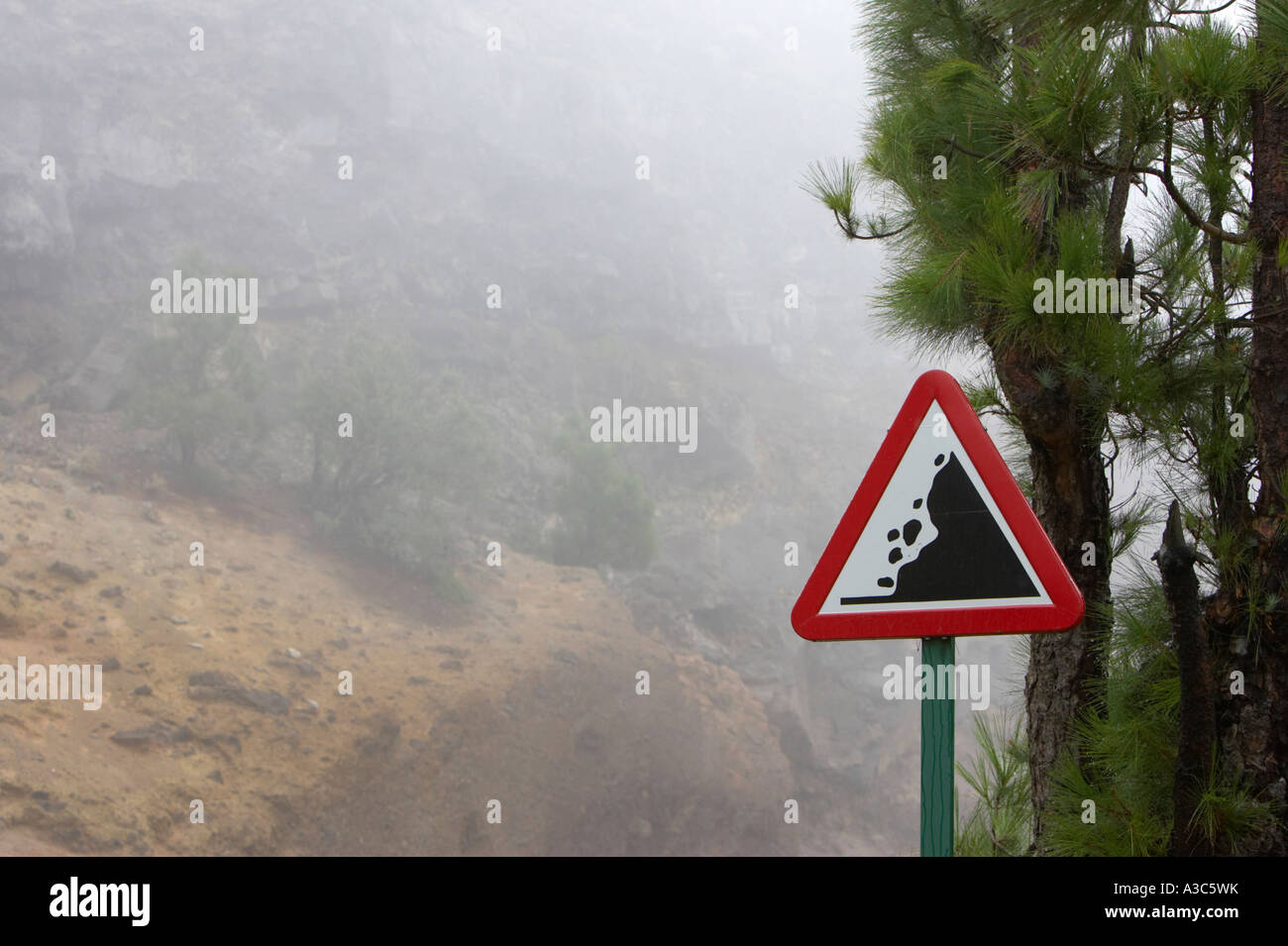 loose falling rocks warning triangular roadsign on the mountain road to ...