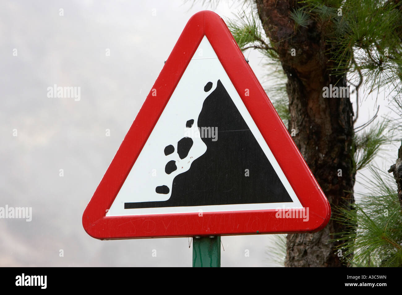 loose falling rocks warning triangular roadsign on the mountain road to ...
