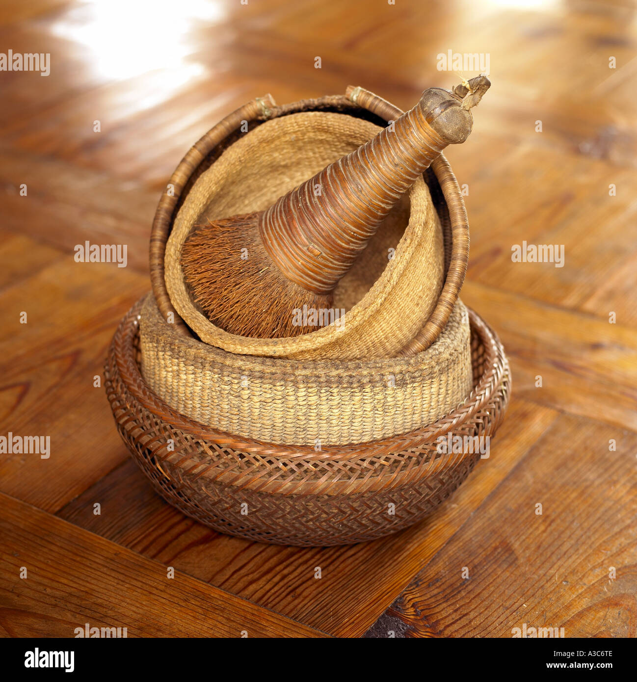 straw basket,basket,brush,antique,lifestyle object Stock Photo - Alamy