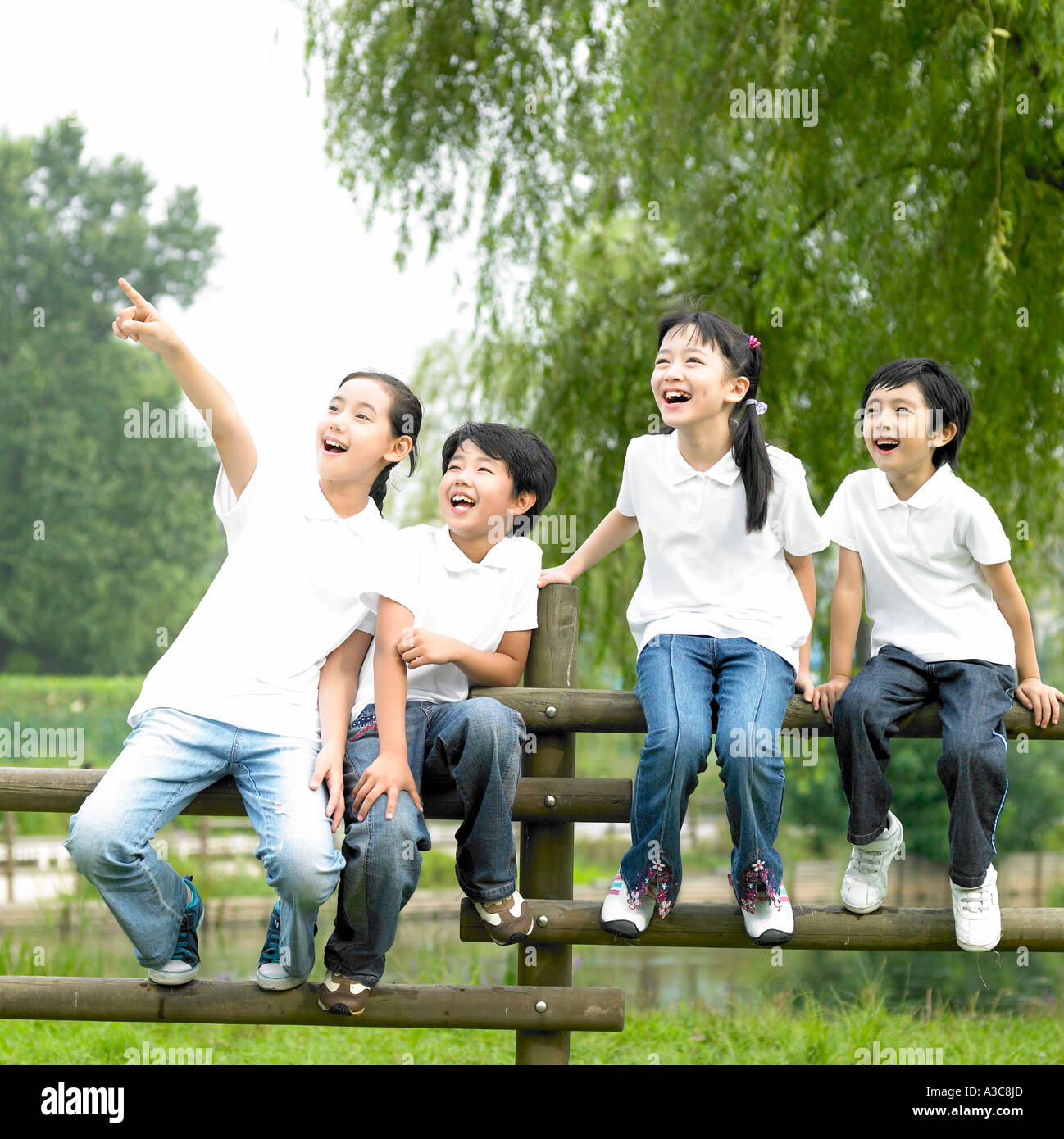 Children sitting on fence pointing hi-res stock photography and images ...