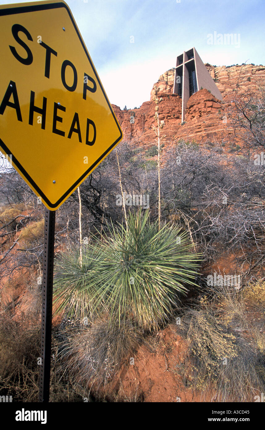 Holy Cross chapel and stop ahead sign, Sedona, Arizona, USA Stock Photo ...