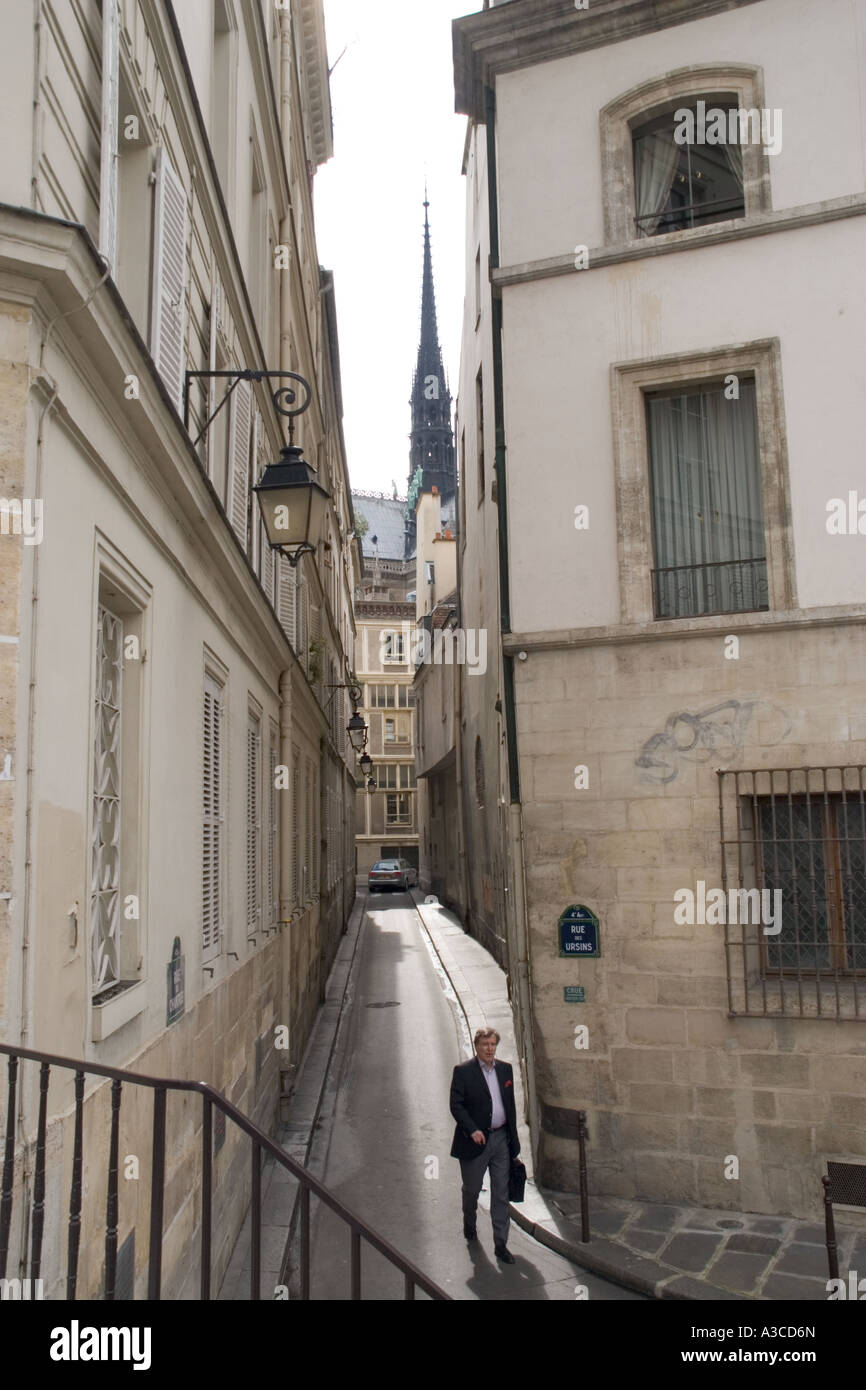 View down a side street in Paris France showing one of the spiars of ...