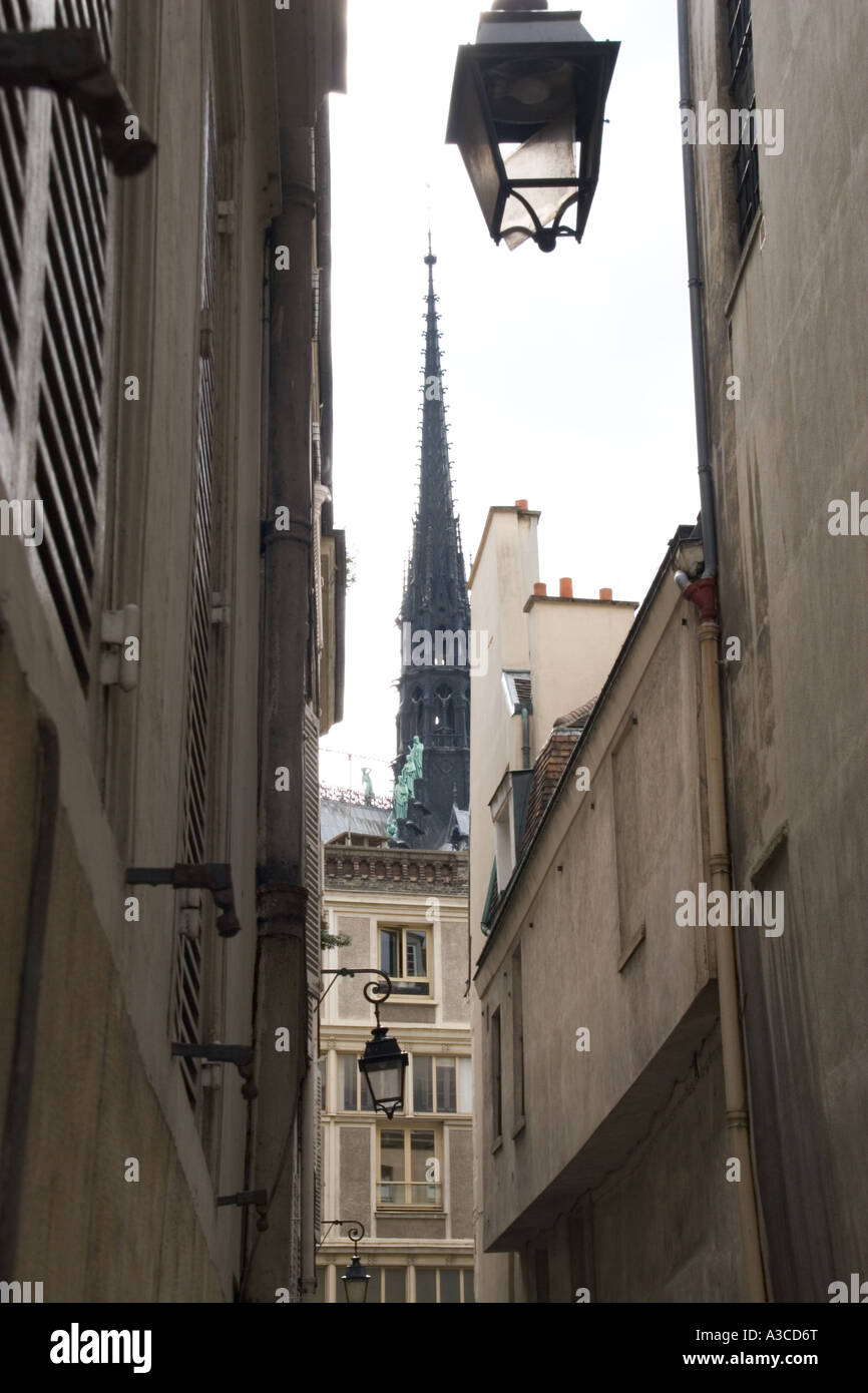 View down a side street in Paris France showing one of the spiars of ...