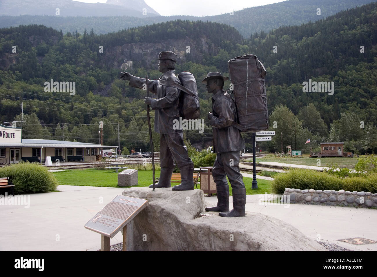 Statue to the early explorers and hikers in Skagway Alaska Stock Photo ...